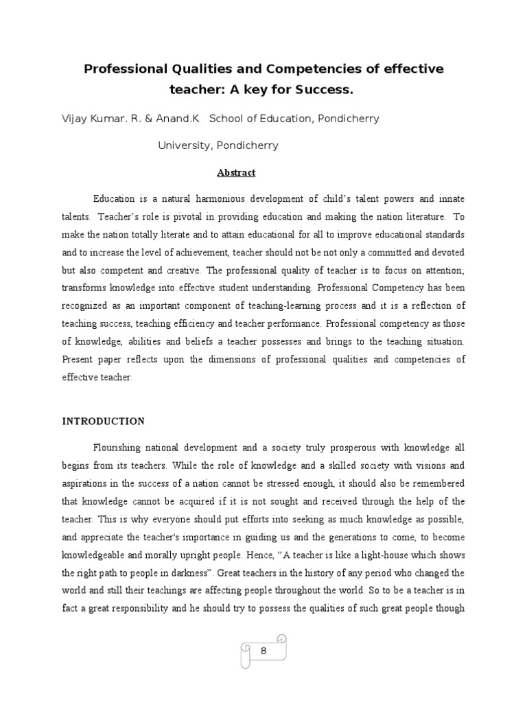 Professional Qualities and Competencies of Effective Teacher: A Key For ...
