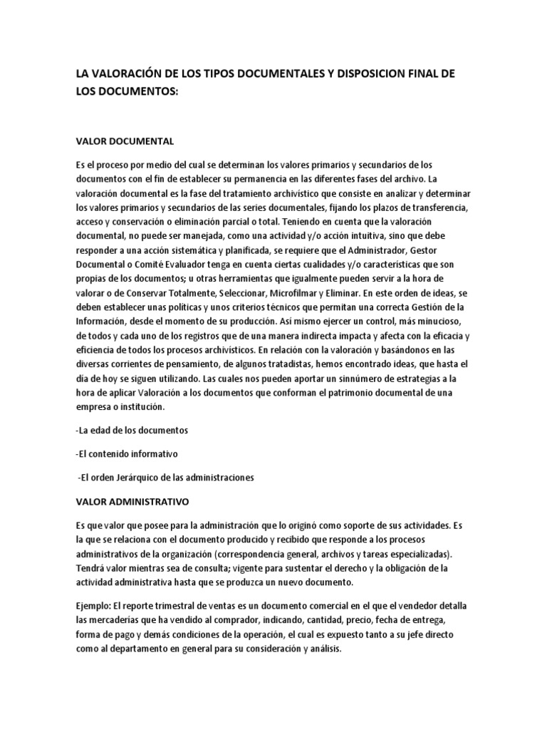La Valoración de Los Tipos Documentales y Disposicion Final de Los Documentos | PDF | Documento ...