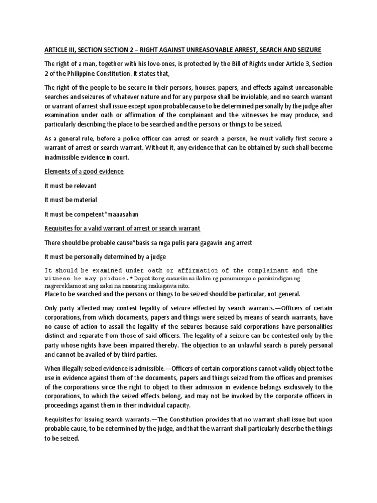 Article Iii, Section Section 2 - Right Against Unreasonable Arrest ...