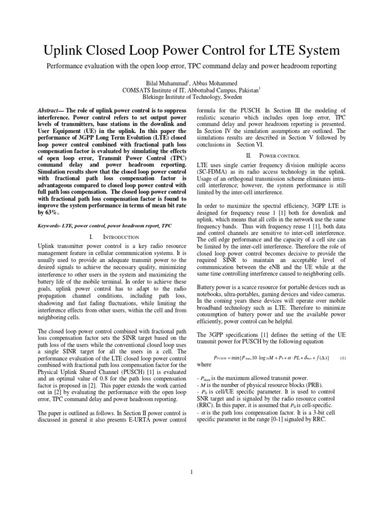 Closed Loop Power Control For LTE Systems - Performance Evaluation With The Open Loop Error, TPC ...