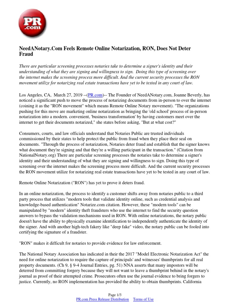 Feels Remote Online Notarization, RON, Does Not Deter Fraud | PDF ...