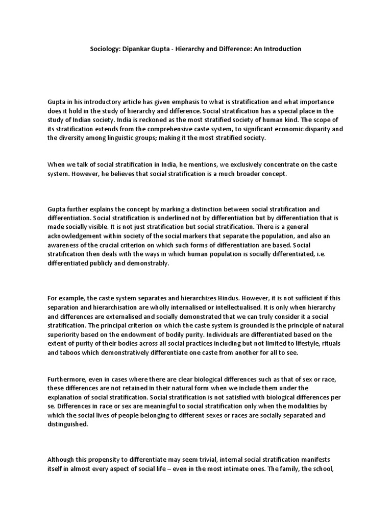 Dipankar Gupta - Hierarchy and Difference: Introduction | PDF | Social Stratification | Caste