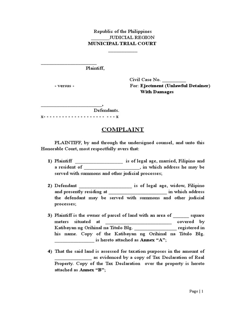 Complaint Ejectment Sample Form | Damages | Lawsuit