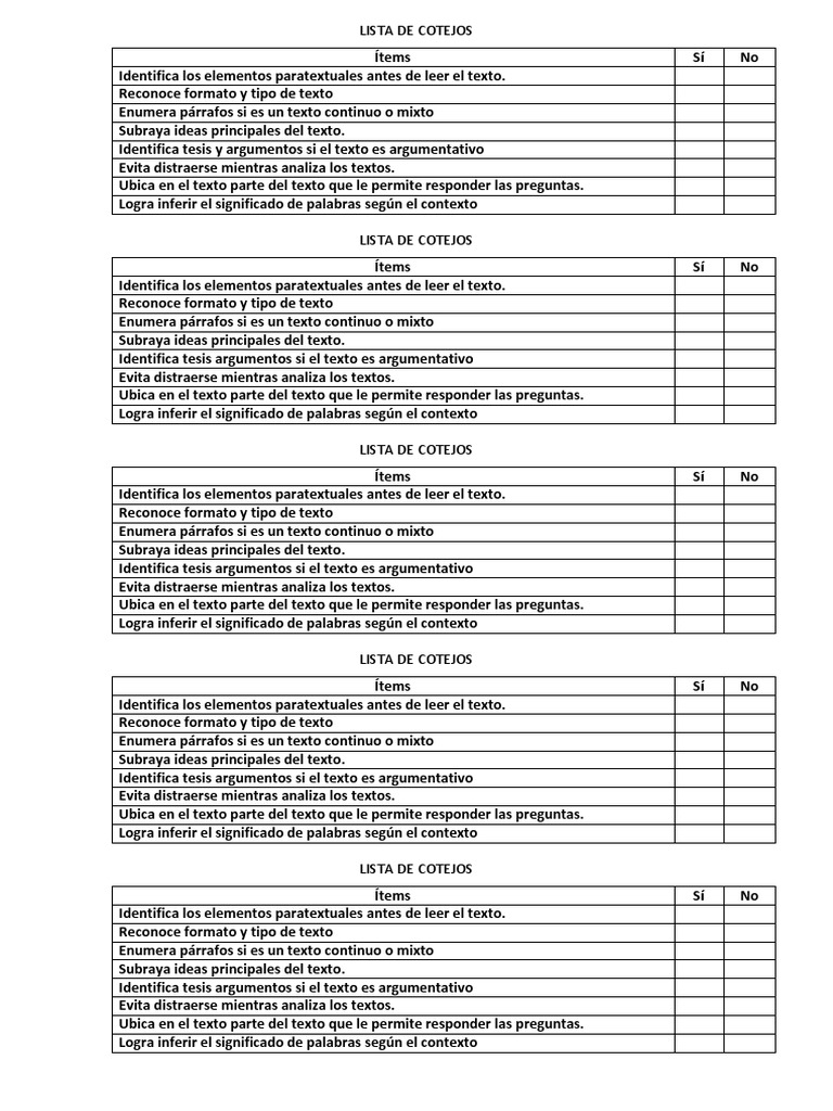 LISTA DE COTEJOS Evaluación de Comprensión Lectora | PDF | Cognición ...
