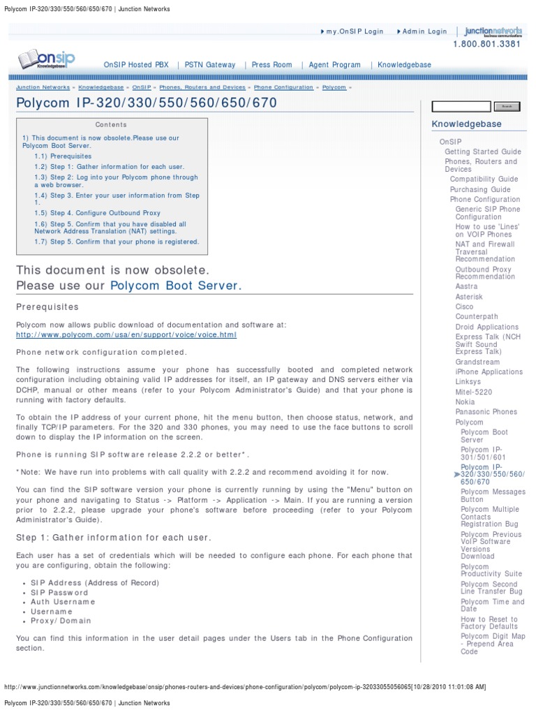 Configuration Polycom Ip 320 330 550 560 650 670 Junction Networks Pdf Session Initiation