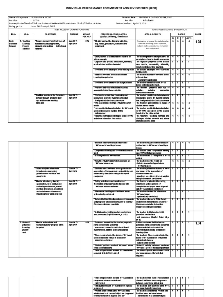 Individual Performance Commitment and Review Form | PDF | Teaching ...