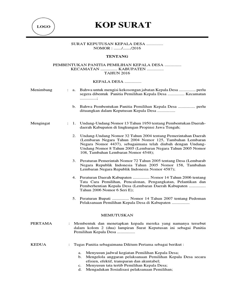 Contoh SK Pembentukan Panitia PILKADES | PDF