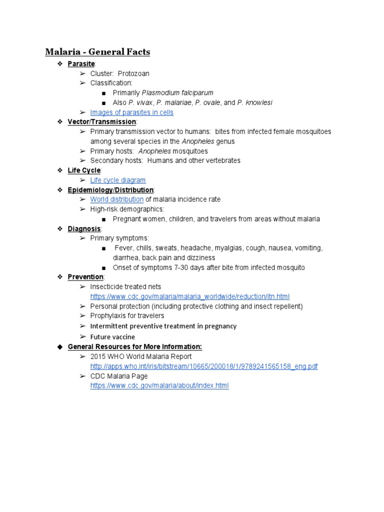 Malaria - General Facts: Parasite | PDF | Malaria | Microbiology