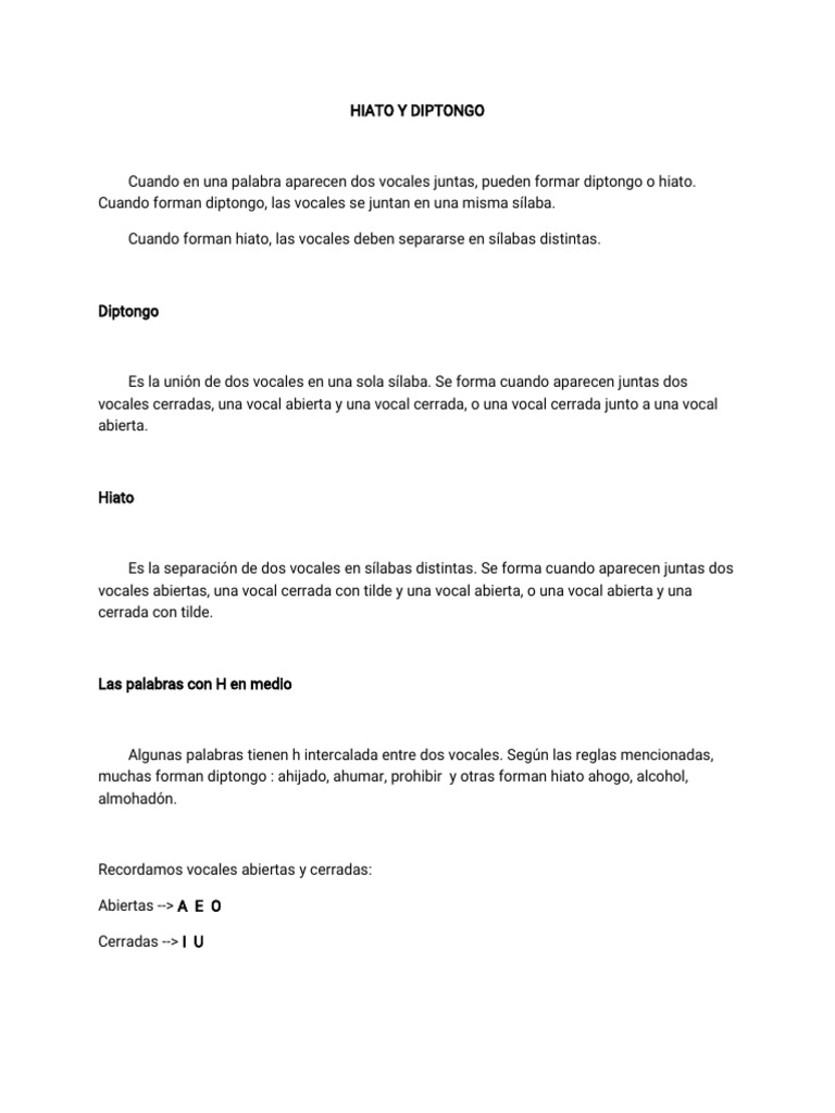 Diptongo y Hiato: Reglas Esenciales | PDF | Fonología | Fonética
