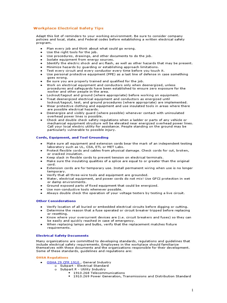 Workplace Electrical Safety Tips | PDF | Insulator (Electricity) | Burn