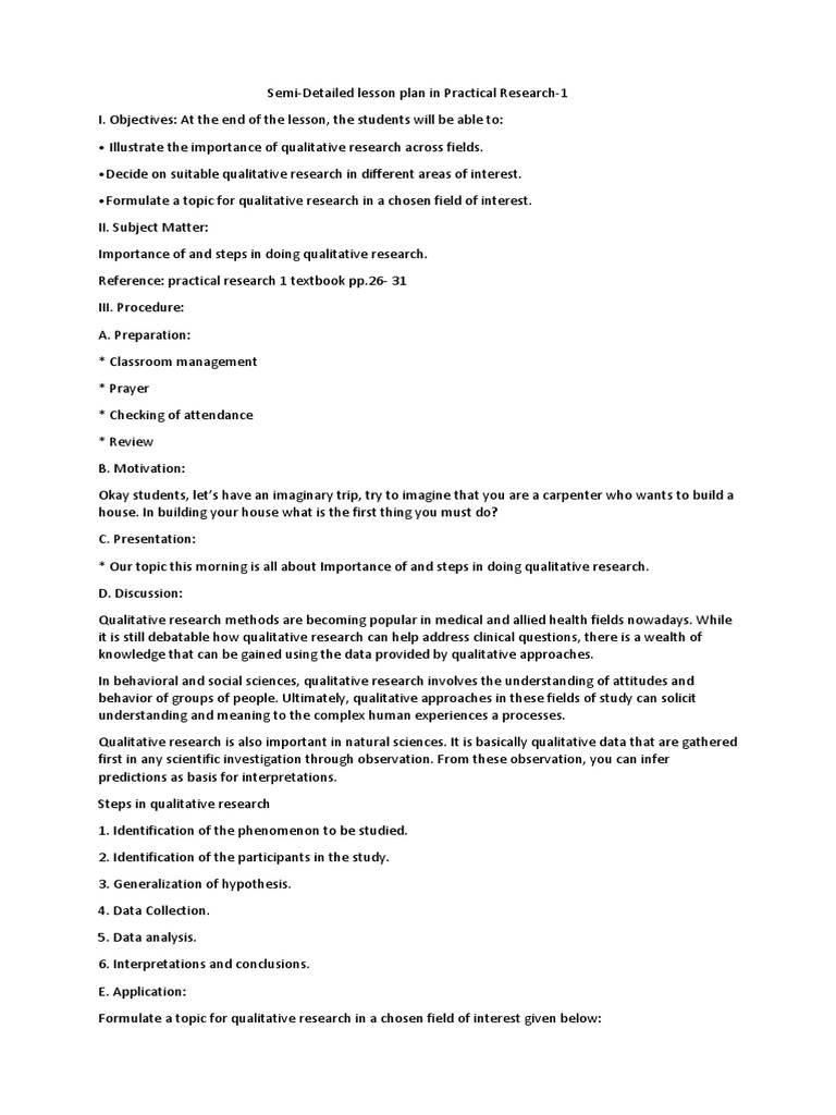 Lesson Plan in Practical Research 1 | PDF | Qualitative Research ...