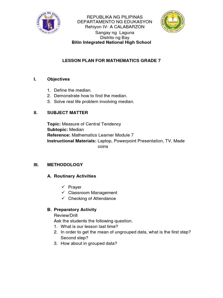 Lesson Plan For Mathematics Grade 7 | PDF | Lesson Plan | Median