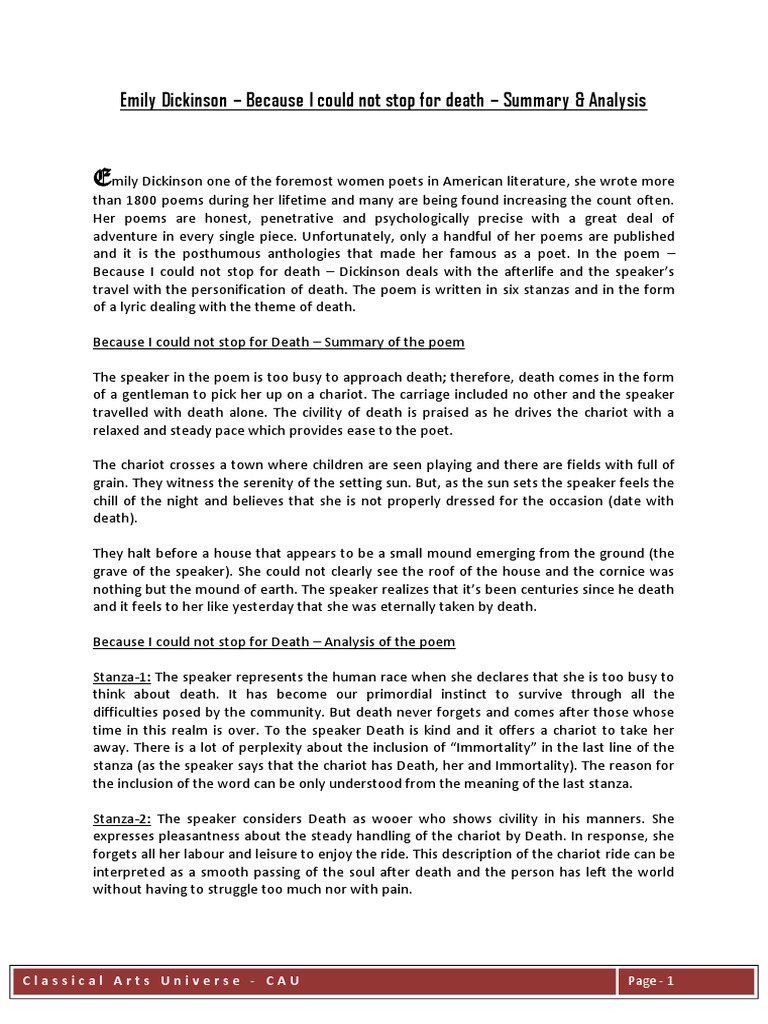 Analysis of Dickinson's "Because I Could Not Stop for Death" | PDF | Poetry