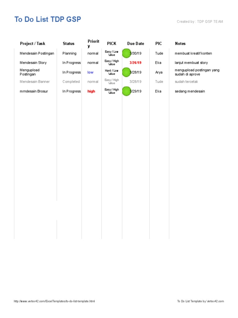 To Do List TDP GSP: Project / Task Status Pick Due Date PIC Notes ...