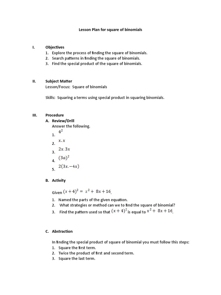 Square of Binomials Lesson Plan | PDF | Teaching Methods & Materials