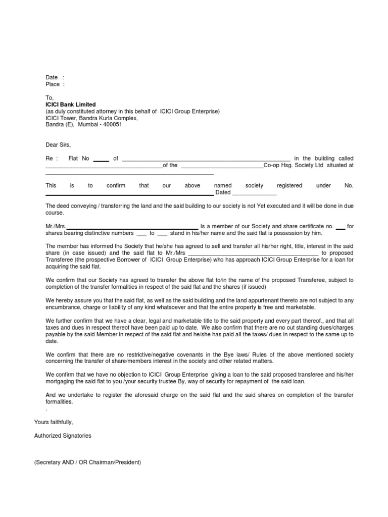 Icici Bank Noc Format | Loans | Deed