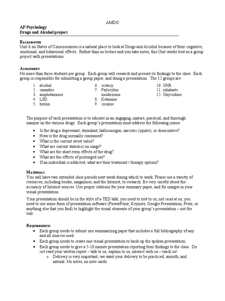 Drug and Alcohol Project | PDF | Drugs | Psychoactive Drugs