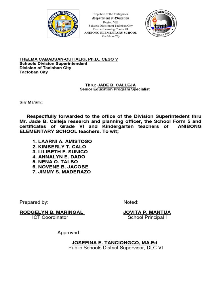 DepEd Transmittal for School Forms | PDF | Schools | School Types