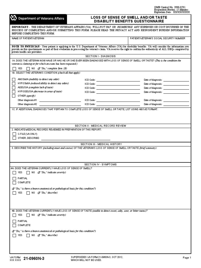 Loss of Sense of Smell And/Or Taste Disability Benefits Questionnaire ...