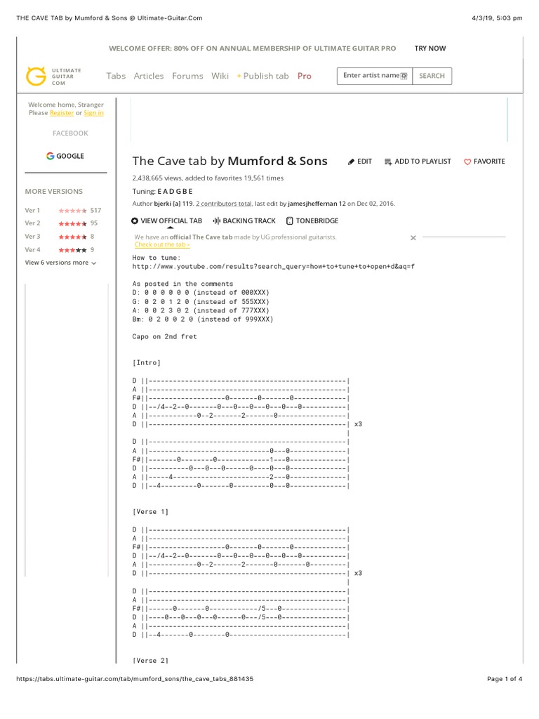 THE CAVE TAB by Mumford & Sons @ PDF | PDF | Entertainment (General)