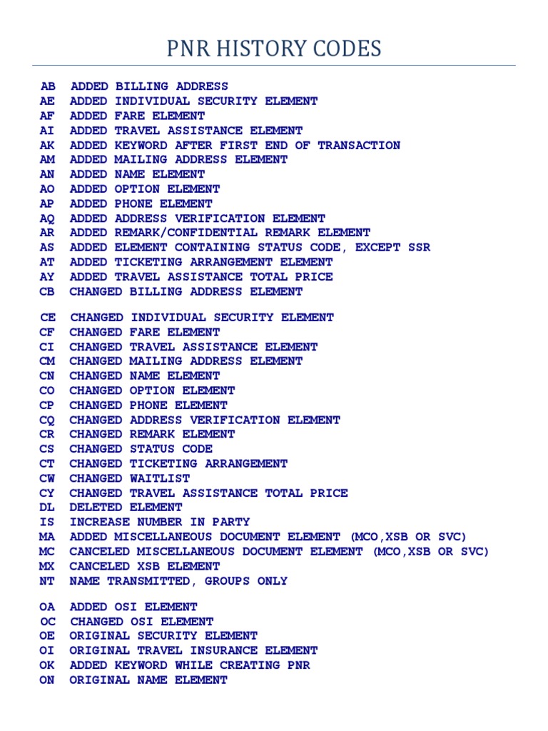 PNR History Codes Overview | PDF