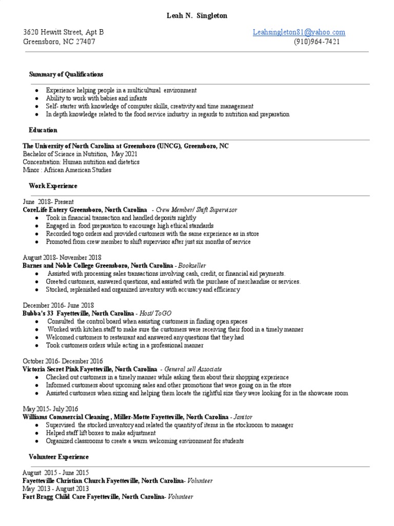 Leah N. Singleton: Nutrition & Service Resume | PDF | Business