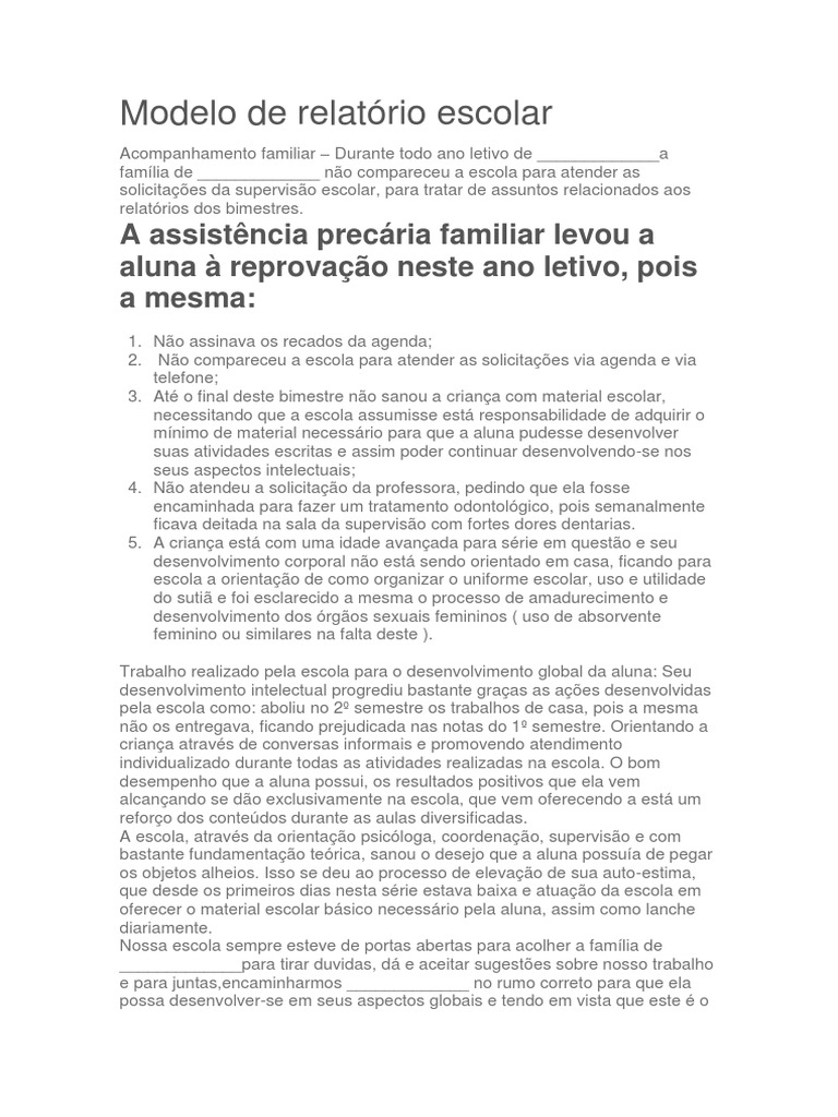 Modelo de Relatório Escolar | PDF | Família | Science