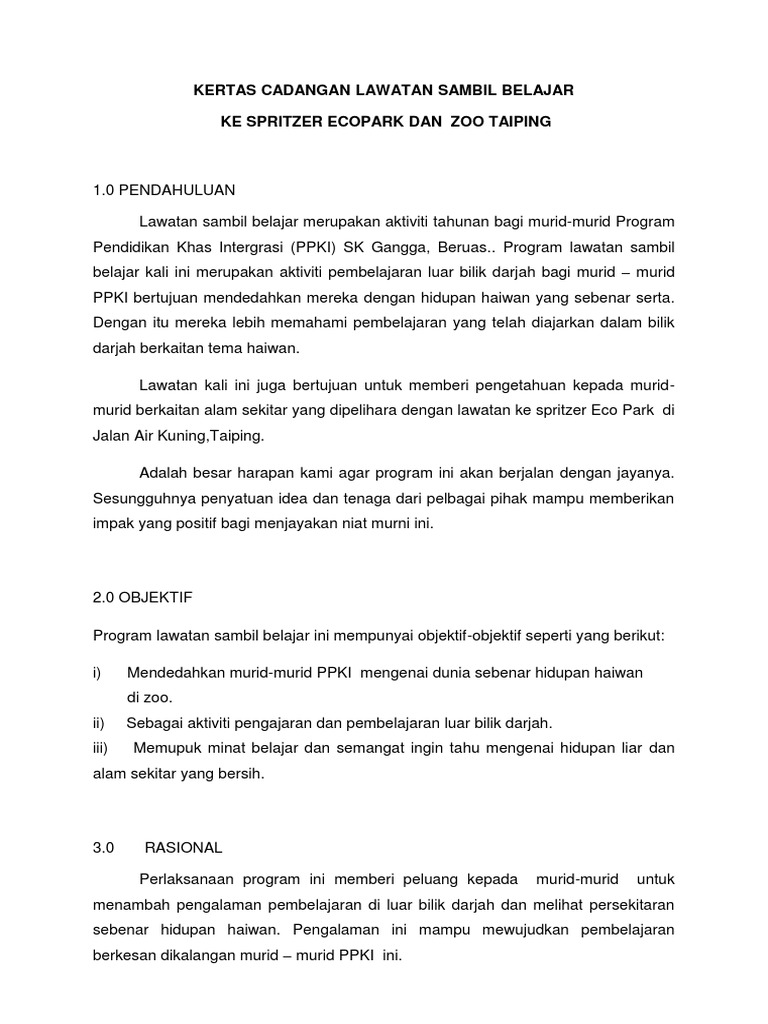 Kertas Kerja Lawatan Ke Zoo Taiping N Eco Spritzer 2019 | PDF