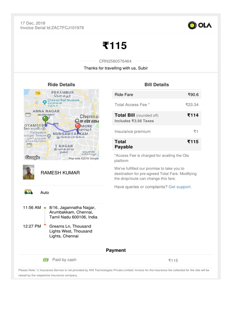Ola Auto Ride Invoice Chennai | PDF | Invoice | Fee