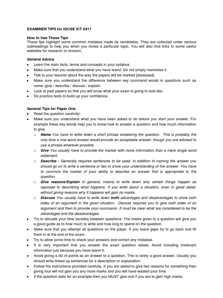Examiner Tips For Igcse Ict 0417 Final | PDF | Web Page | Question