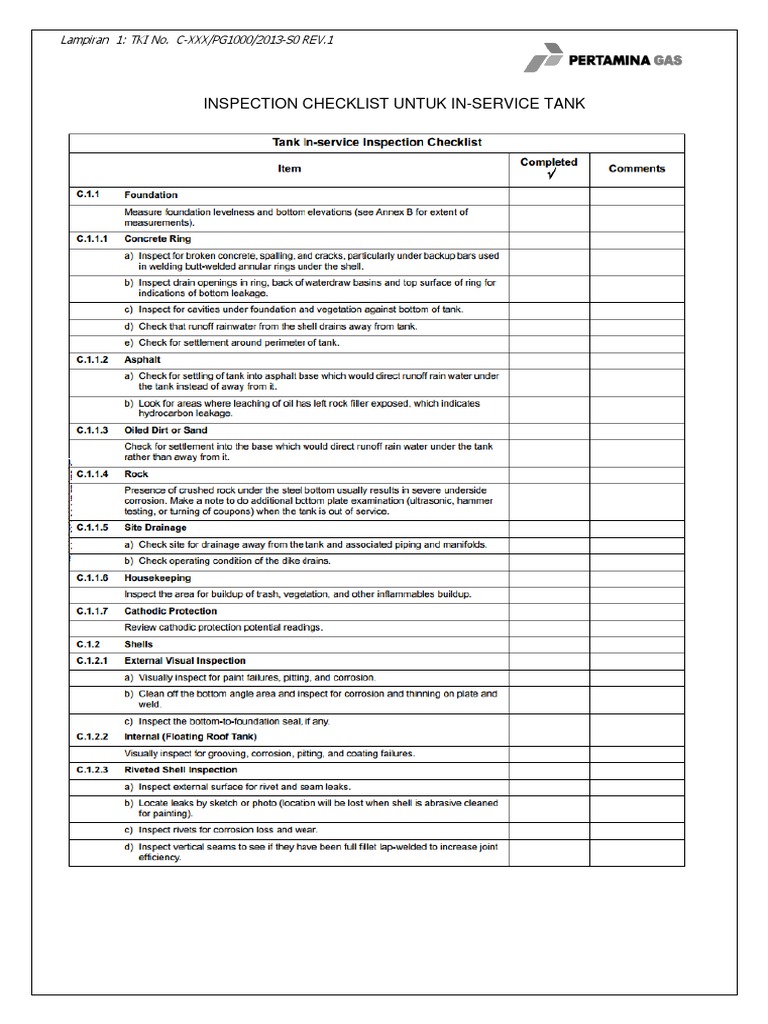 Lampiran 1 - Inspection Checklist Untuk In-Service Tank | PDF