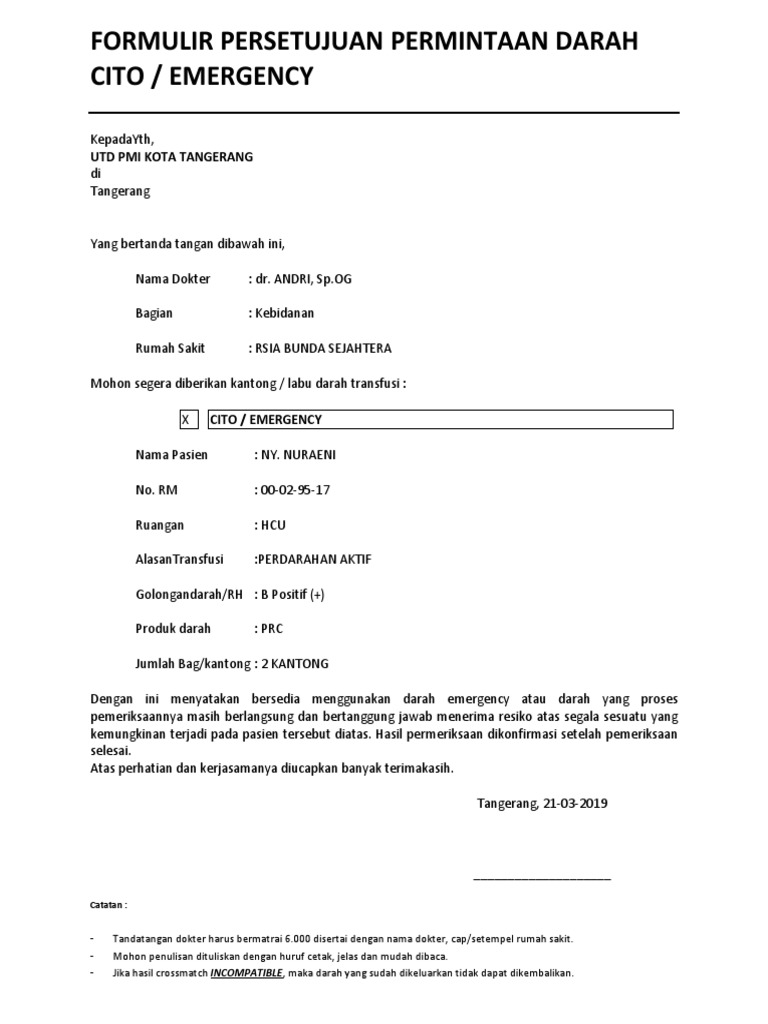 Formulir Permintaan Darah Cito | PDF