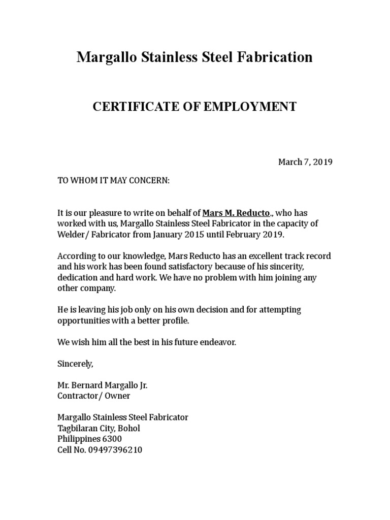 Margallo Stainless Steel Fabrication: Certificate of Employment | PDF