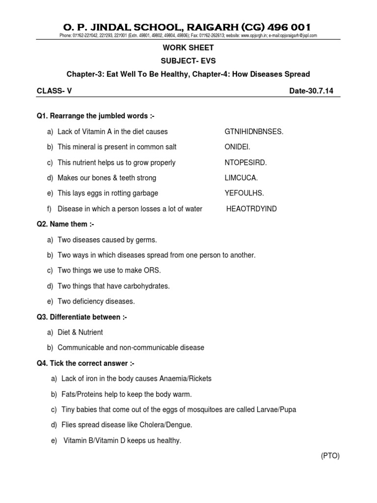 CBSE Class 5 EVS Worksheet - Diseases | PDF