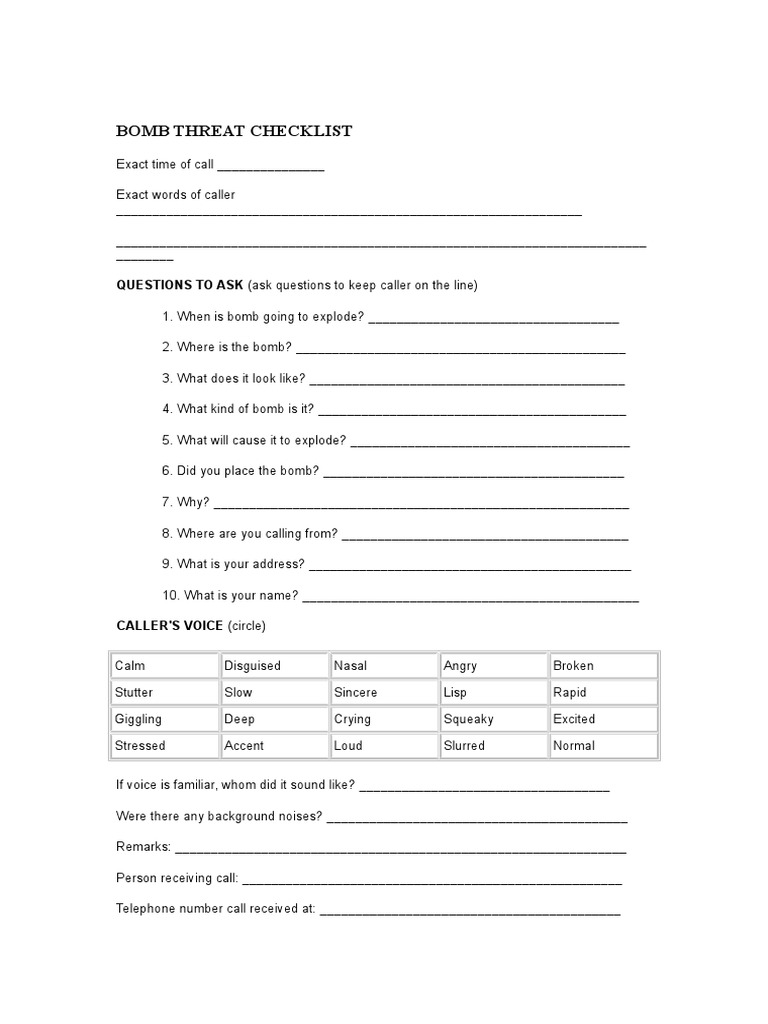 Bomb Threat Checklist: QUESTIONS TO ASK (Ask Questions To Keep Caller ...