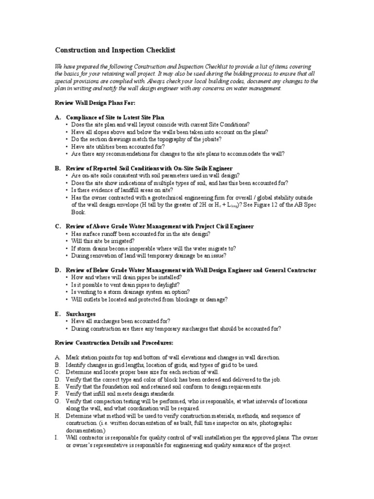 Construction and Inspection Checklist | PDF | Drainage | Wall