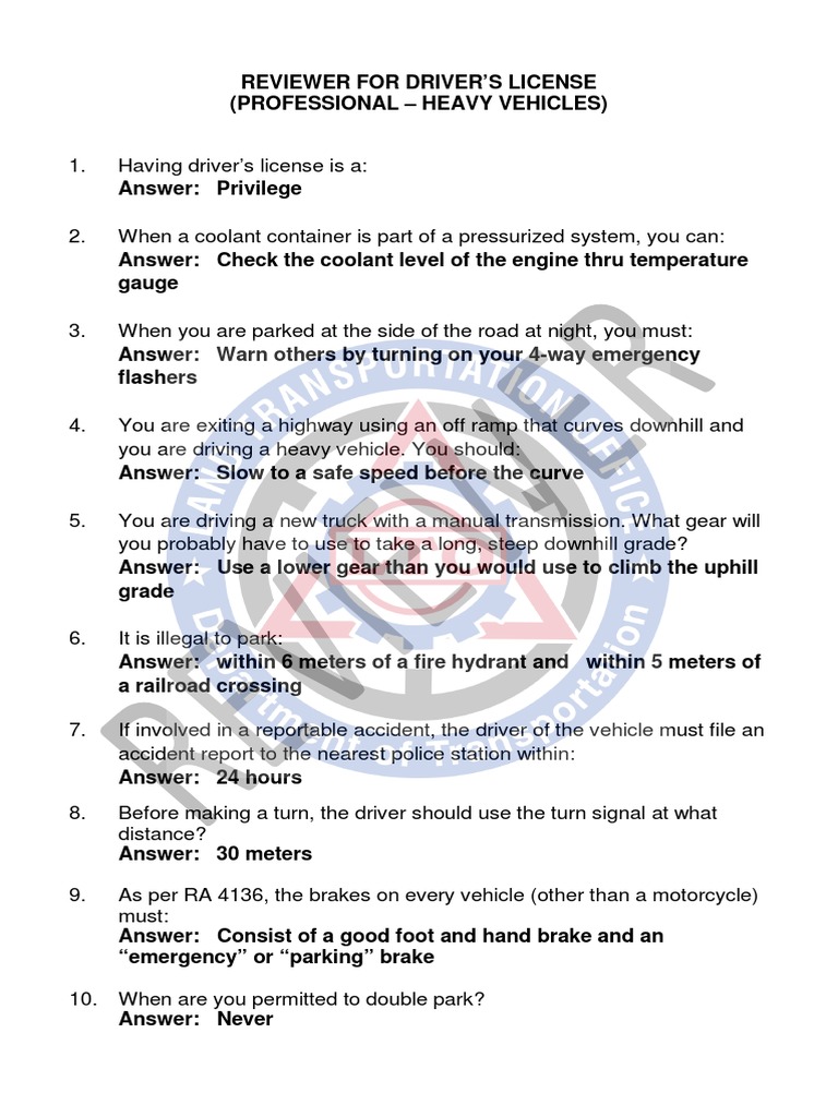 Questionnaires For Professional Drivers License Applicants (Heavy ...