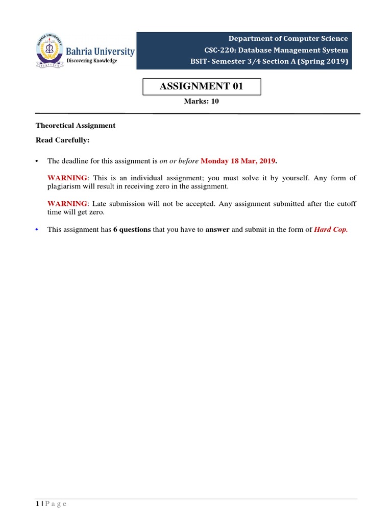 CSC 220 DBMS Assignment01 (10marks) | PDF | Databases | Information Technology