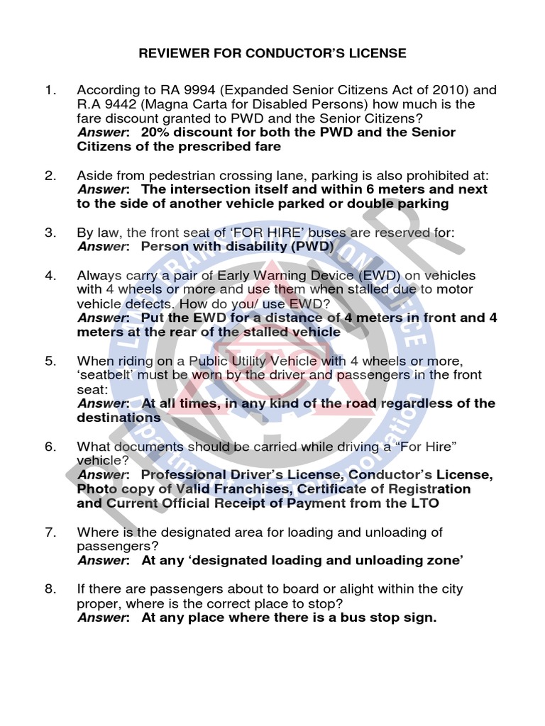 Questionnaires for Philippine Bus Conductor's License Exam Applicants ...