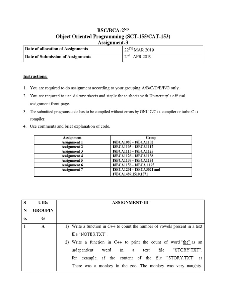BSC/BCA-2 Object Oriented Programming (SCT-155/CAT-153) Assignment-3 | Download Free PDF ...