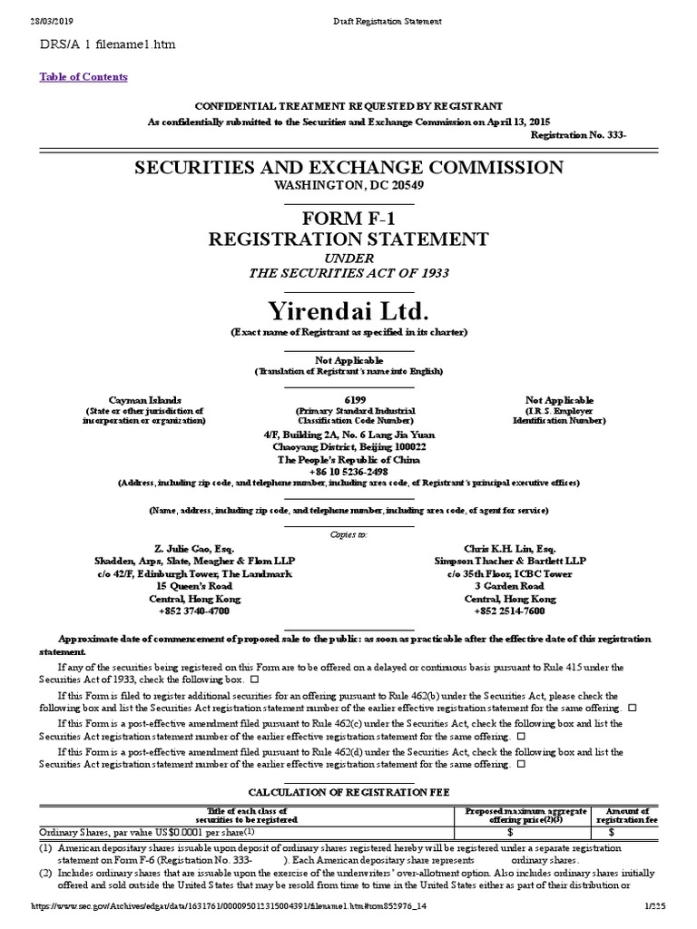 Draft Registration Statement - CreditEase - China | PDF | Securities ...
