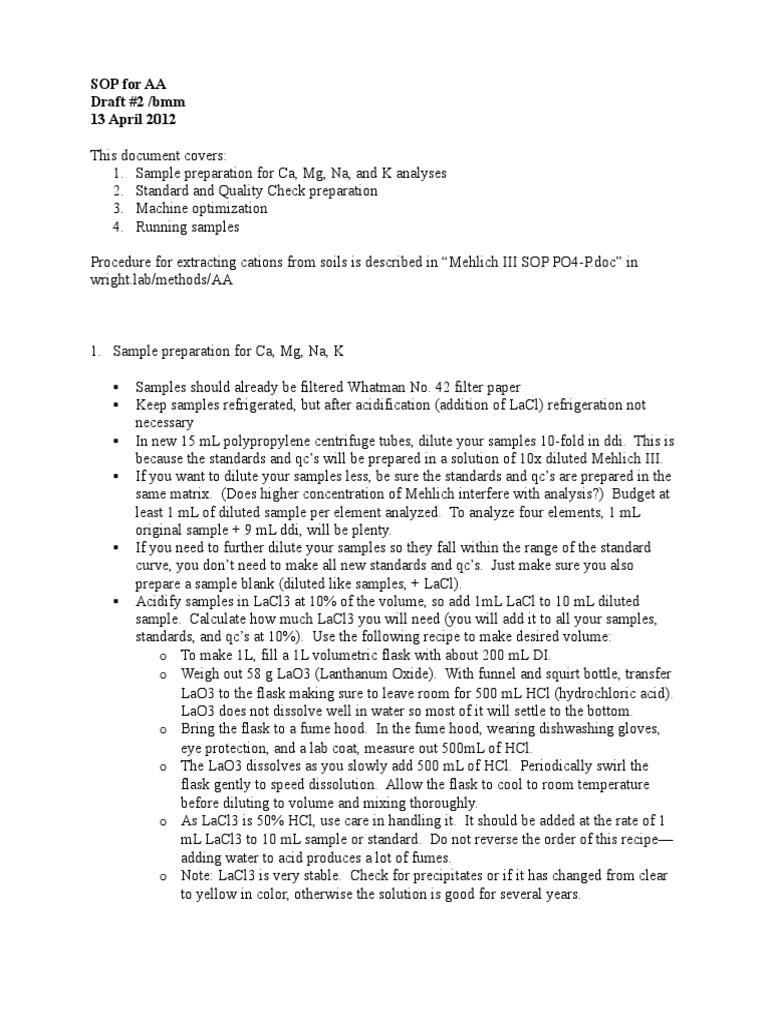 Sop For Aa 2012 BMM | PDF | Hydrochloric Acid | Microsoft Excel