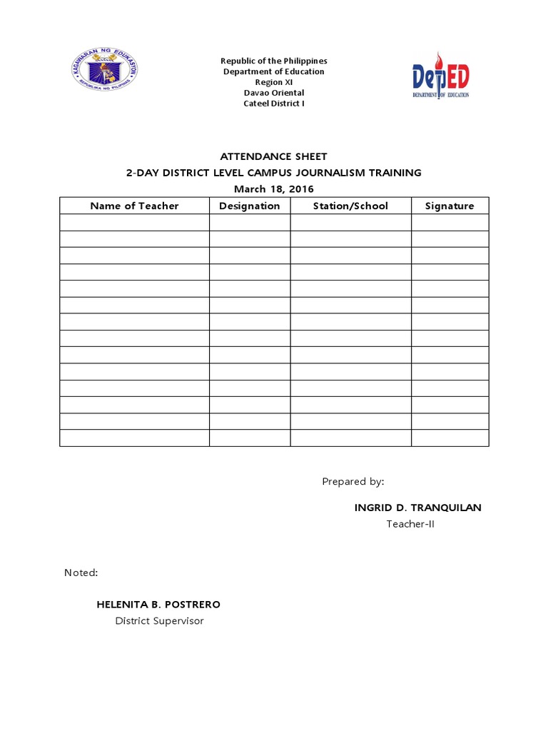 Training Teachers' Attendance Sheet | PDF