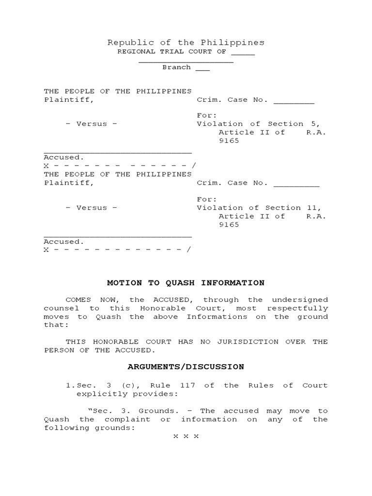 Republic of The Philippines: Motion To Quash Information | PDF | Search ...