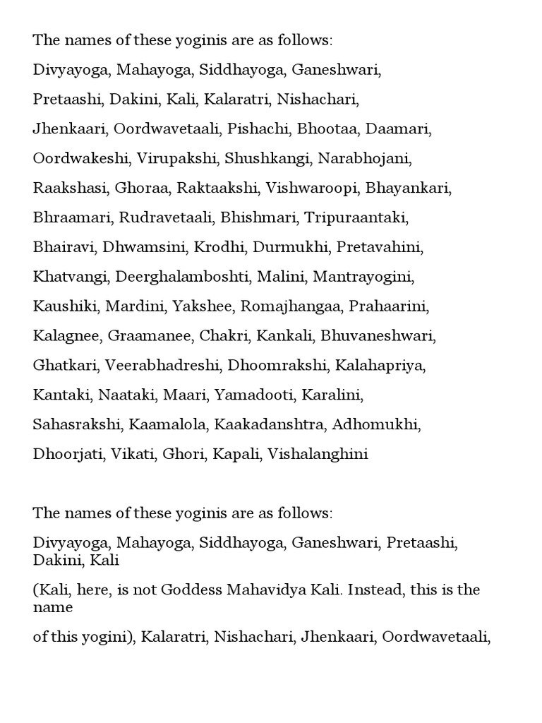 64 Yogini Names The Names of These Yoginis Are As Follows | PDF ...