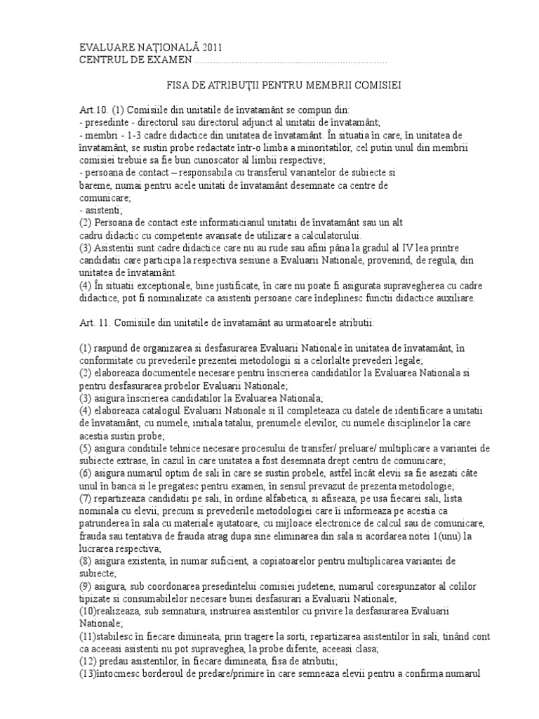 Fisa Atributii Membrii Comisie Examen | PDF