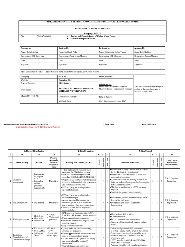 Risk Assessment - CHW Pump.docx | First Aid | Risk
