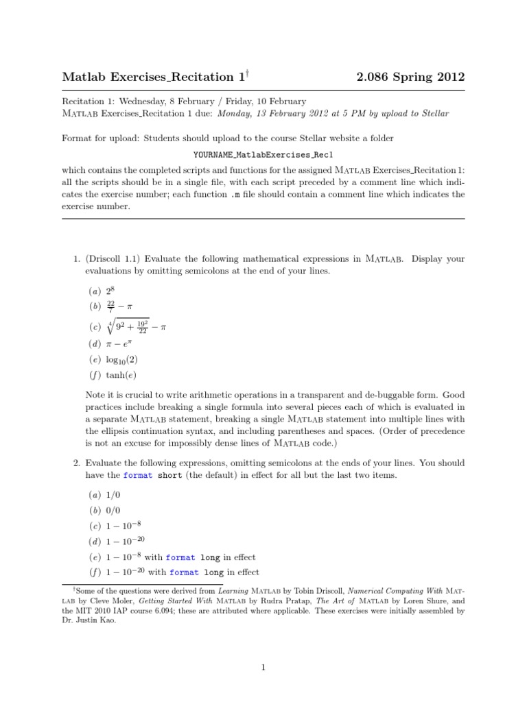 Matlab Exercises Recitation 1 2086 Spring 2012 Format Pdf Matlab Computer Programming 5455