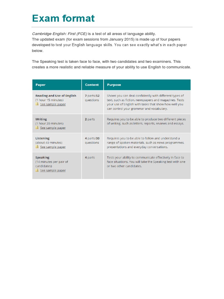 Exam Format: Cambridge English: First (FCE) Is A Test of All Areas of ...