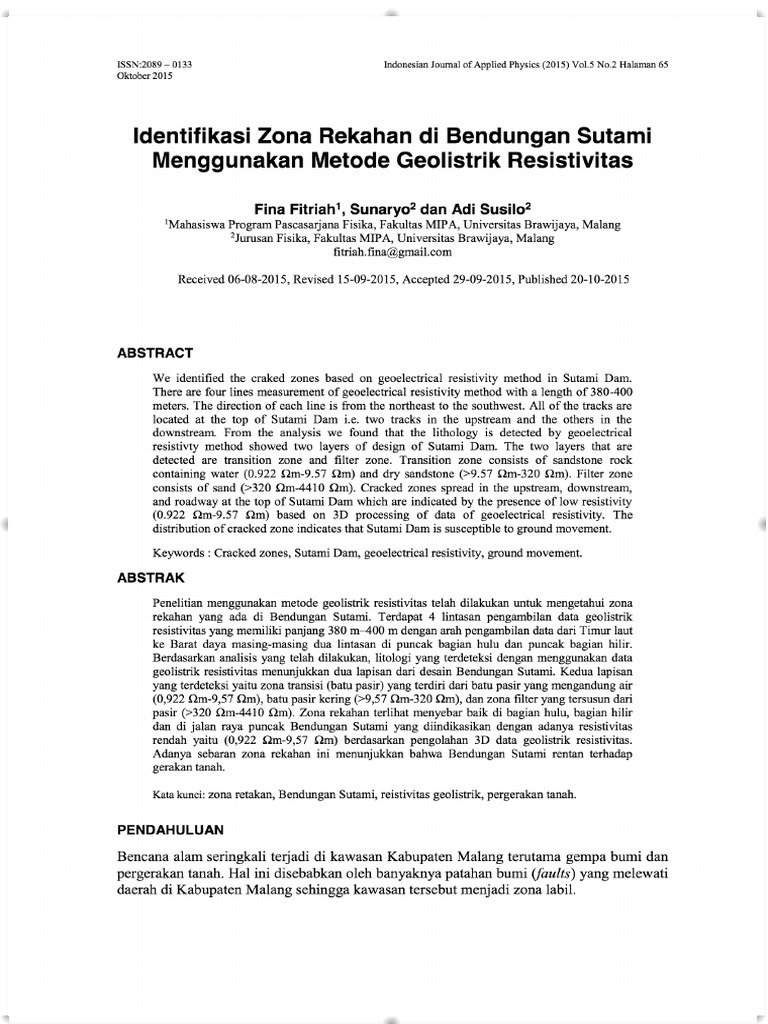 Identifikasi Zona Rekahan Di Bendungan Sutami Menggunakan Metode Geolistrik Resistivitas PDF | PDF